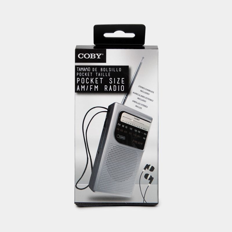 Radio AM/FM Coby de 1 W RMS con audífonos, plateado