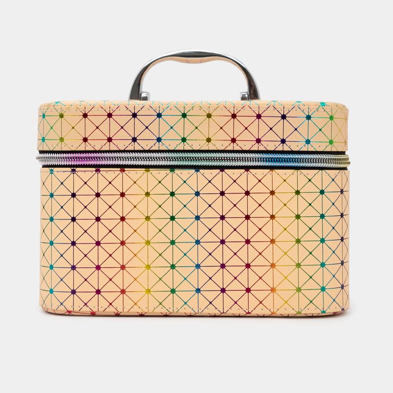 Neceser color curuba, diseño cuadros, triángulos, 14 x 21 x 13.2 cm