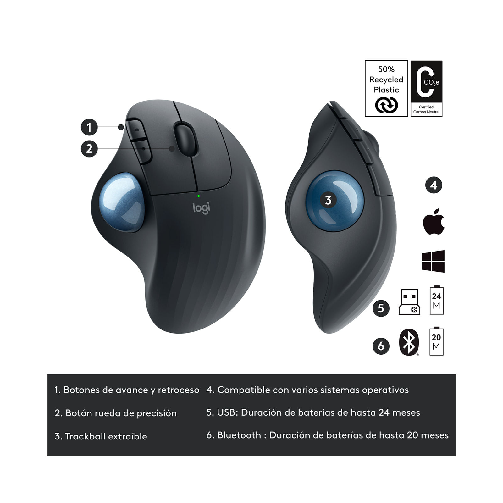 Mouse inalámbrico Logitech TrackBall Ergo M575S, negro