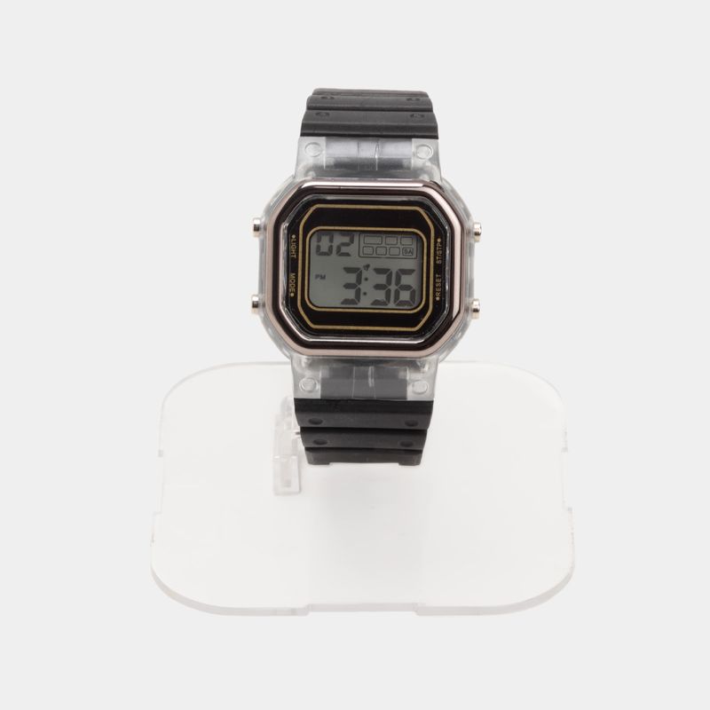 Reloj digital pulso negro con tablero transparente